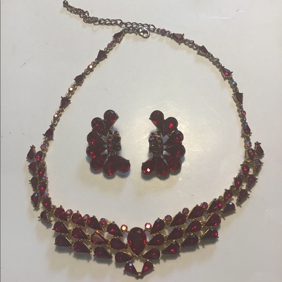 Jewelry | Vintage Red Costume Jewelry Set Pierced Earrings Necklace ...
